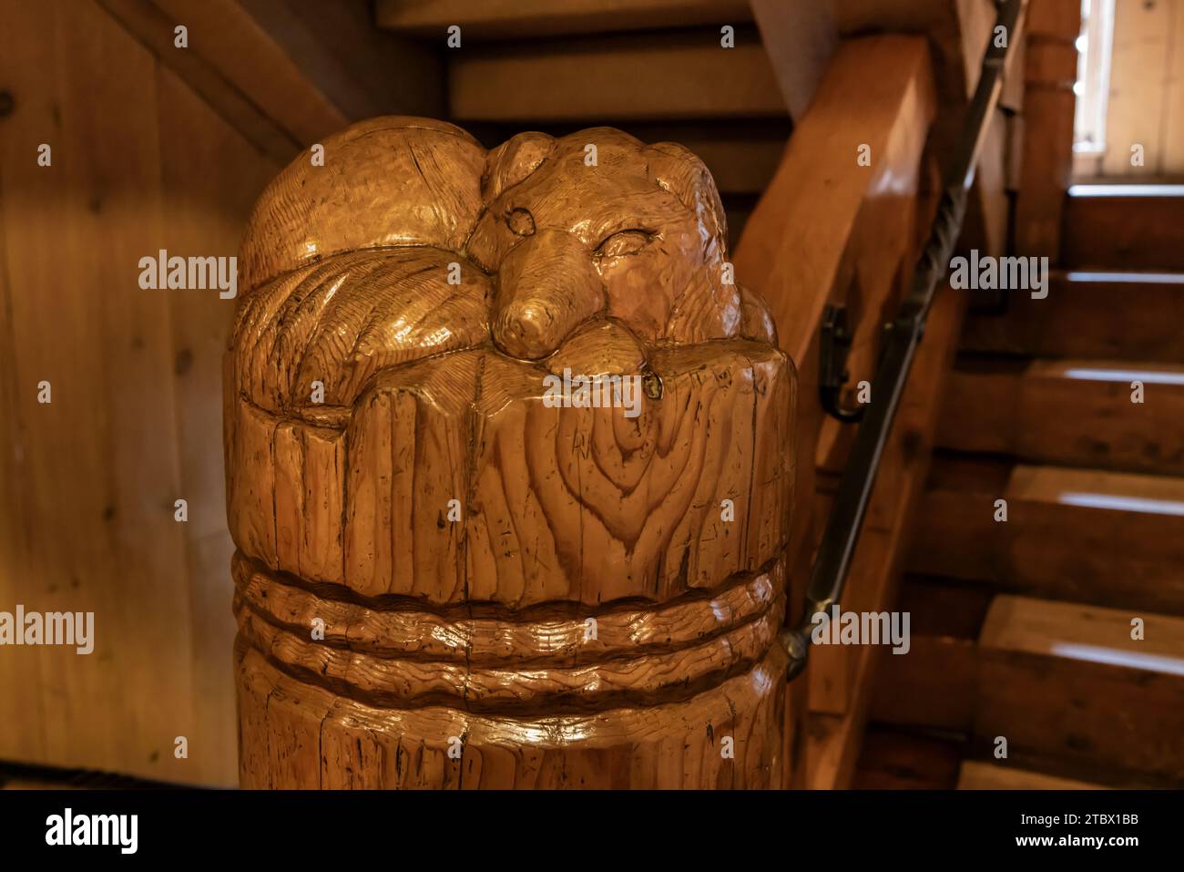Carved Fox newell post in Timberline Lodge on Mt. Hood, Mt. Hood ...