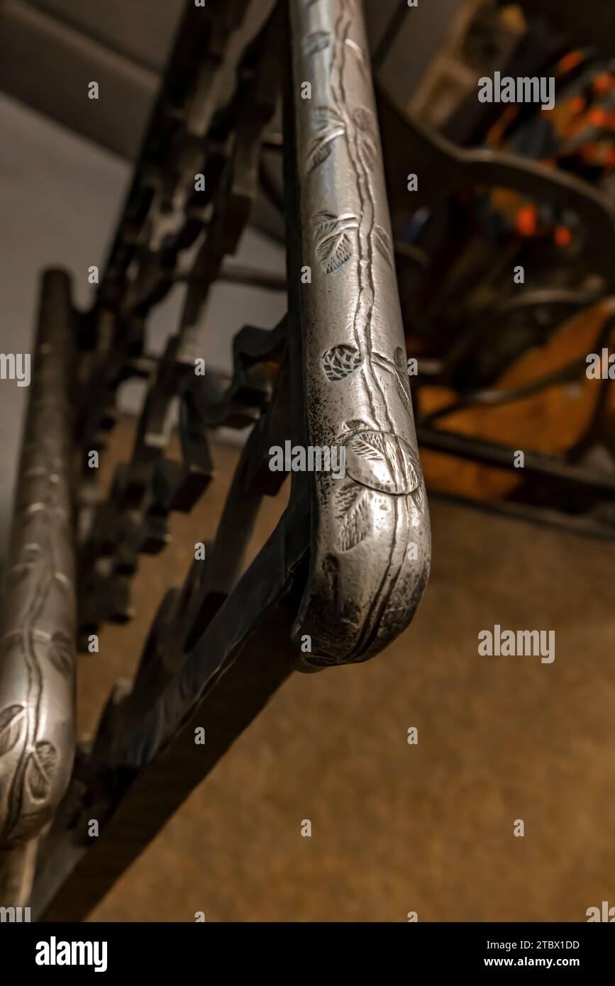 Forged metal railling with artistic design, in Timberline Lodge on Mt ...