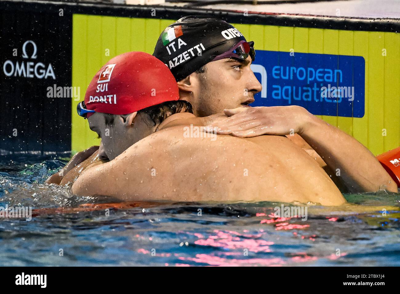 Noe Ponti of Switzerland, gold, Alberto Razzetti of Italy, silver react ...