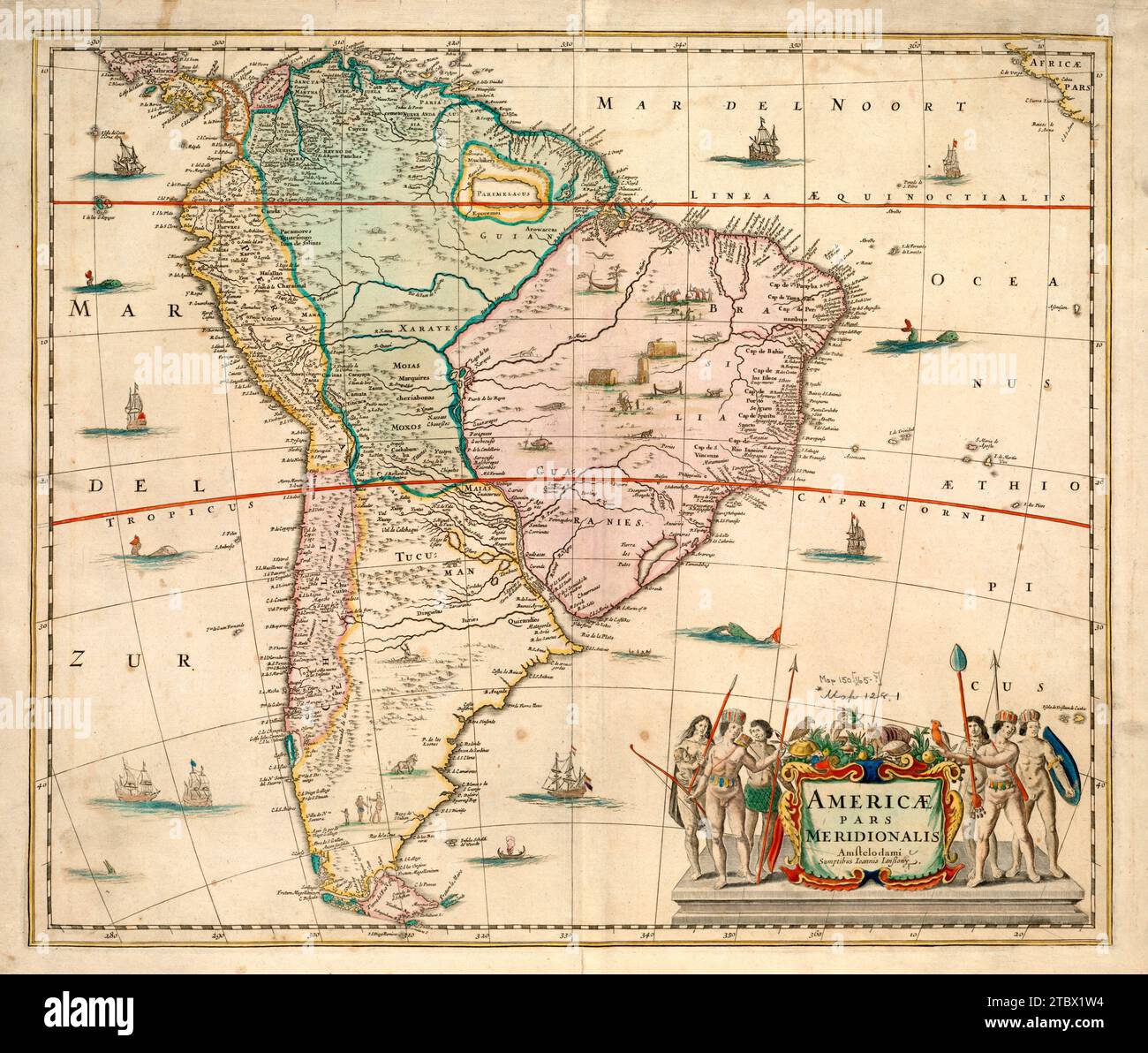 Antique illustrated map of South America ca.1644 by Dutch cartographer ...
