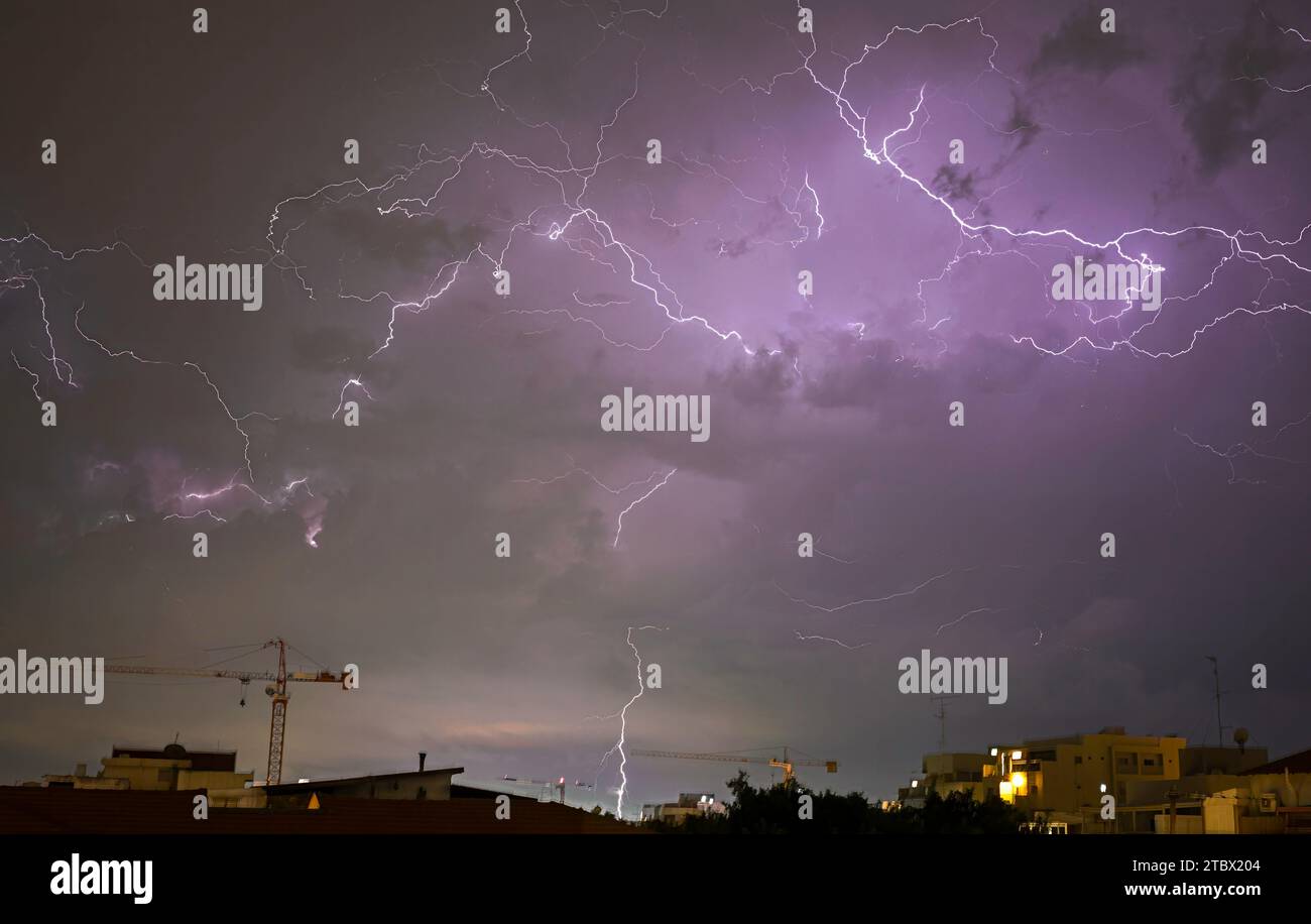 Beautiful panoramic long exposure image of a lightning and thunderstorm ...