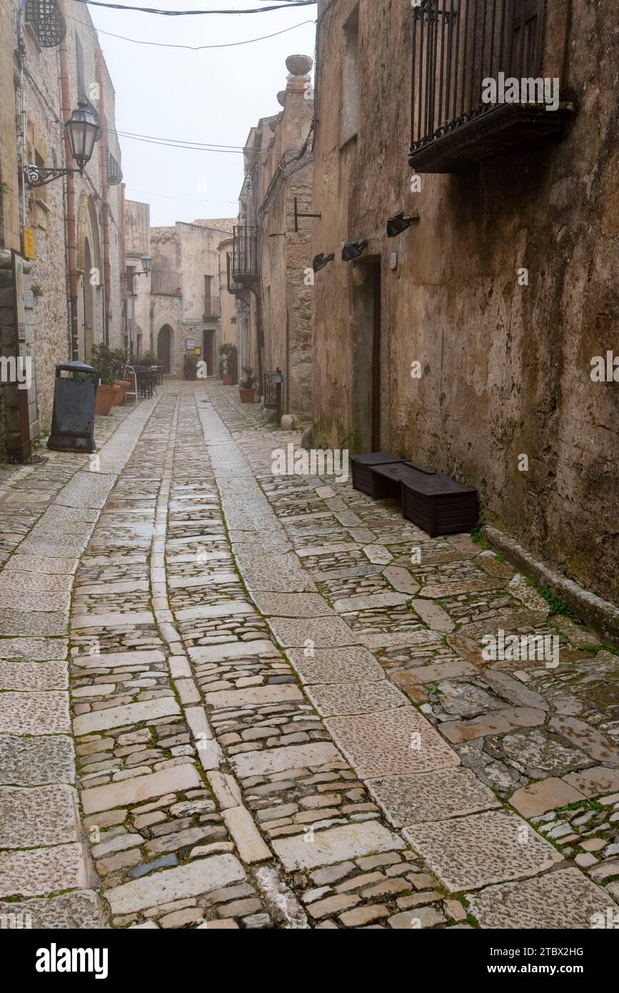 Pedestrian Cobblestone Street in Erice - Sicily - Italy Stock Photo - Alamy