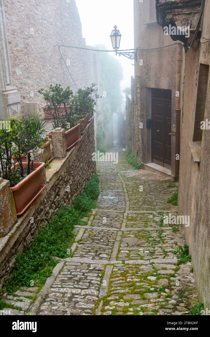 Pedestrian Cobblestone Street in Erice - Sicily - Italy Stock Photo - Alamy