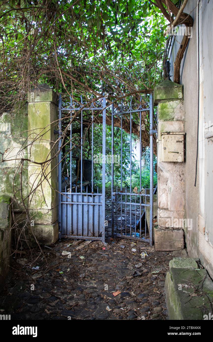 portal grey steel old retro style gate gray rusty open garden entrance ...