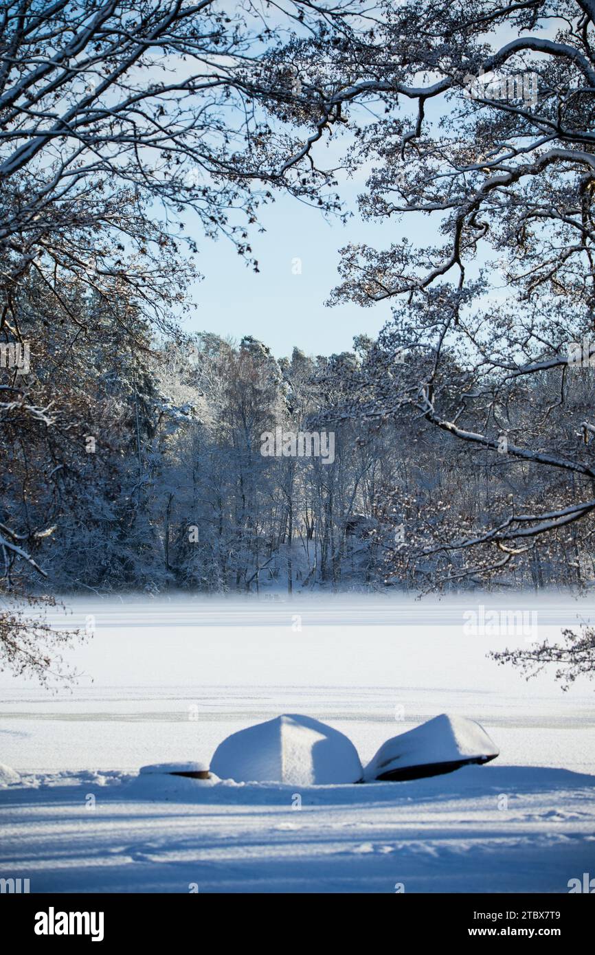 ice and frost covered boats at a iced over lake Stock Photo - Alamy