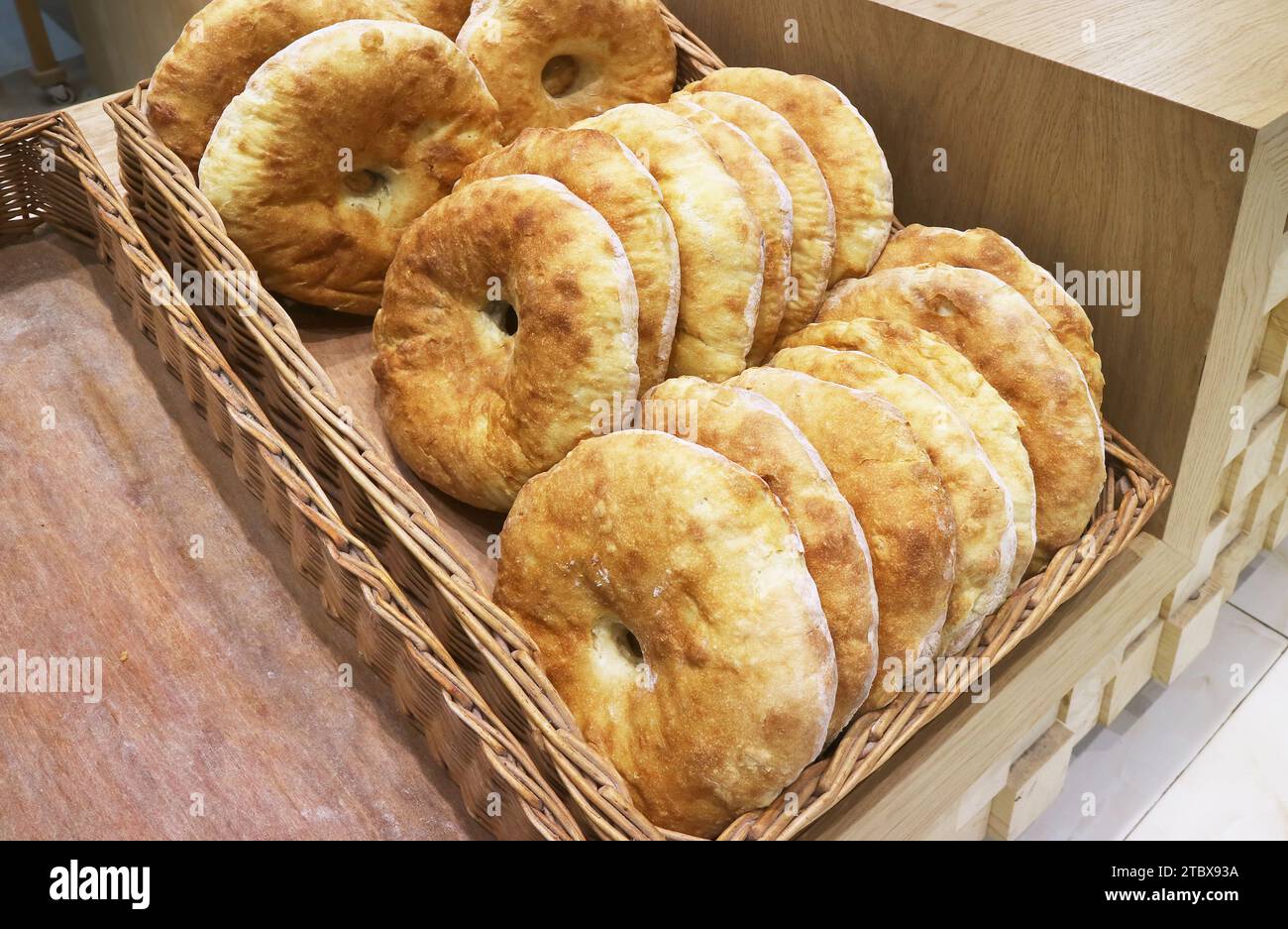 Baskets of Armenian traditional breads for sale in a local bakery shop ...