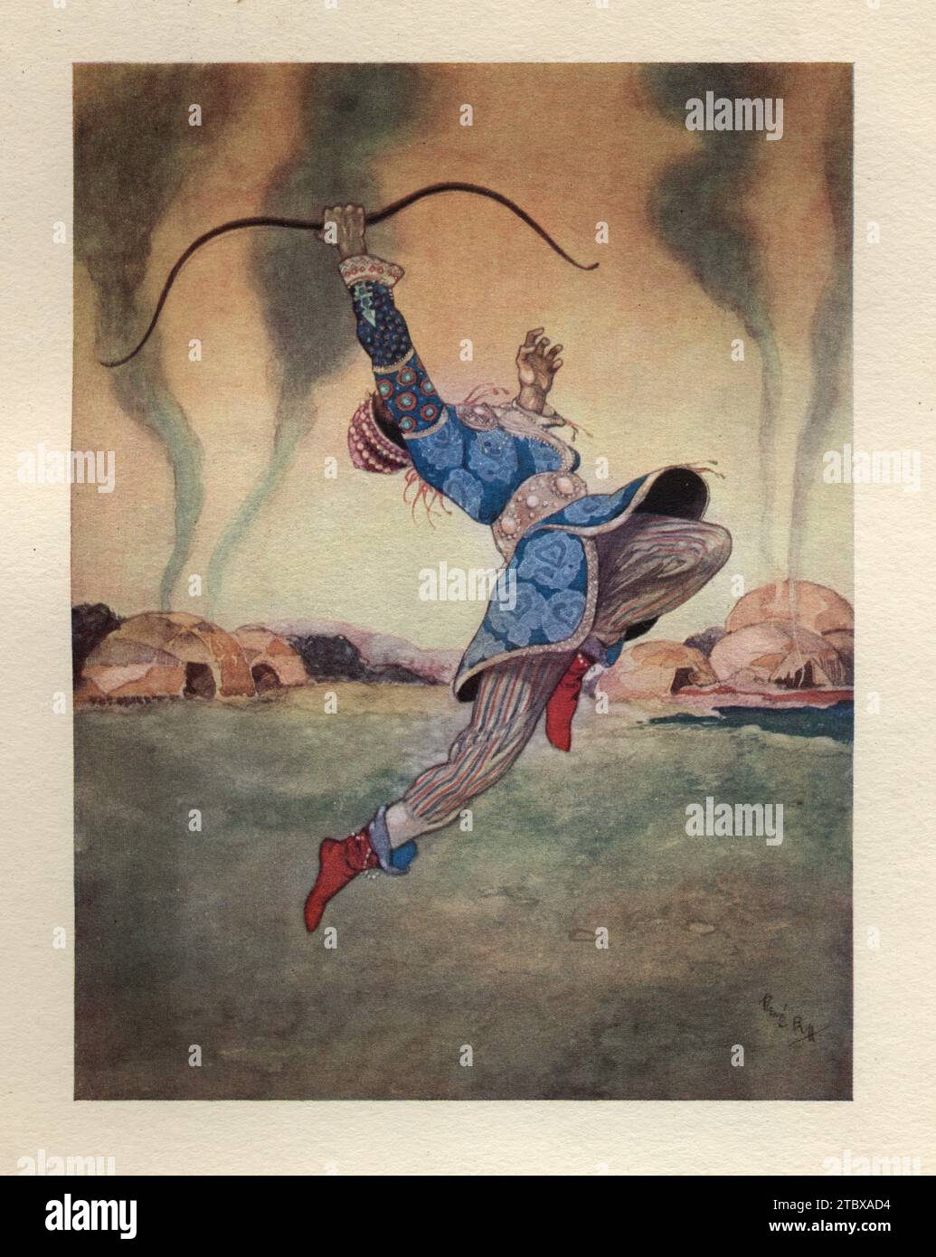 Man holding bow jumping, burning village, Russian, Costume design for ...