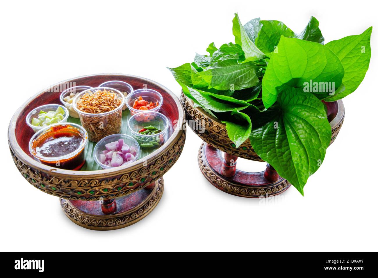 Die cut of A royal leaf wrap appetizer, call Miang kham on white ...