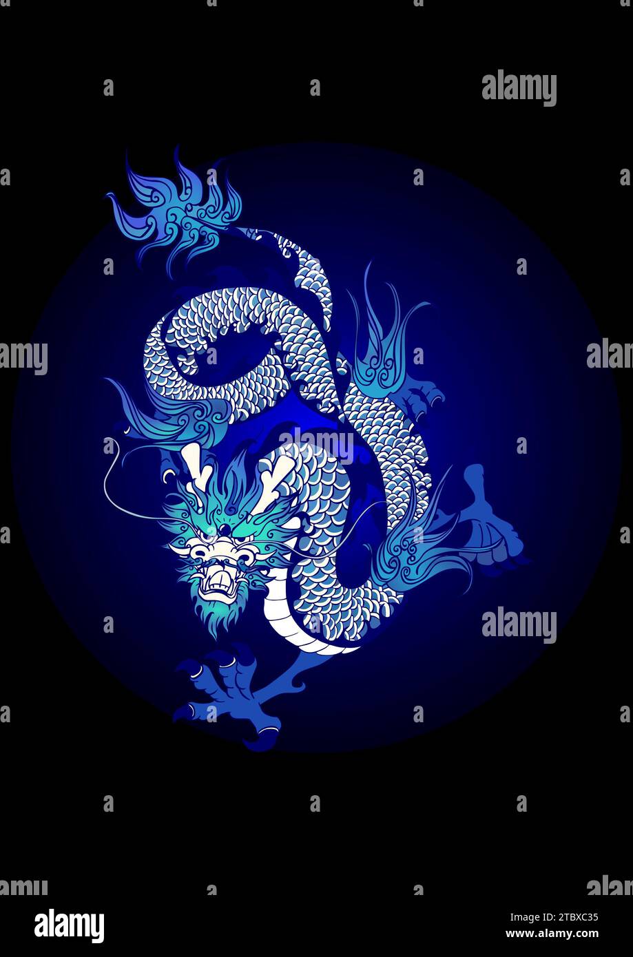 A majestic blue dragon with intricate patterns decorating its back ...