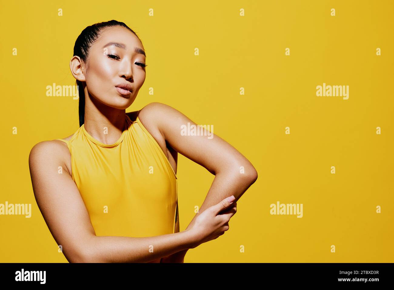 Casual Woman Trendy Fashion Hand Beauty Swimsuit Yellow Surprised