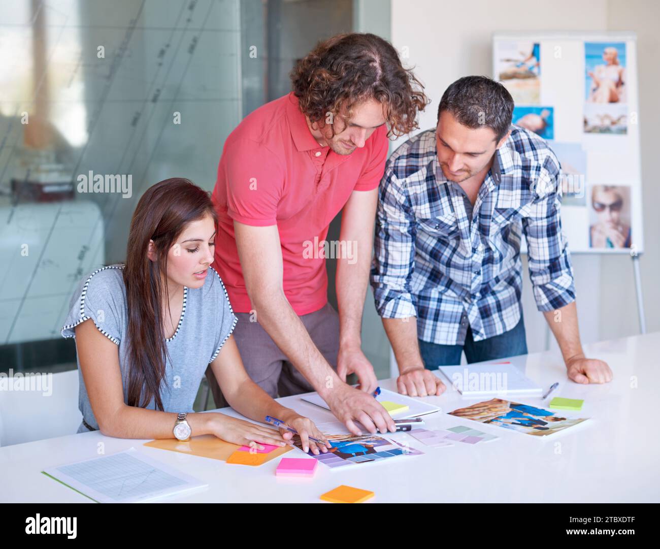 Teamwork, brainstorming and business people on color palette at table ...