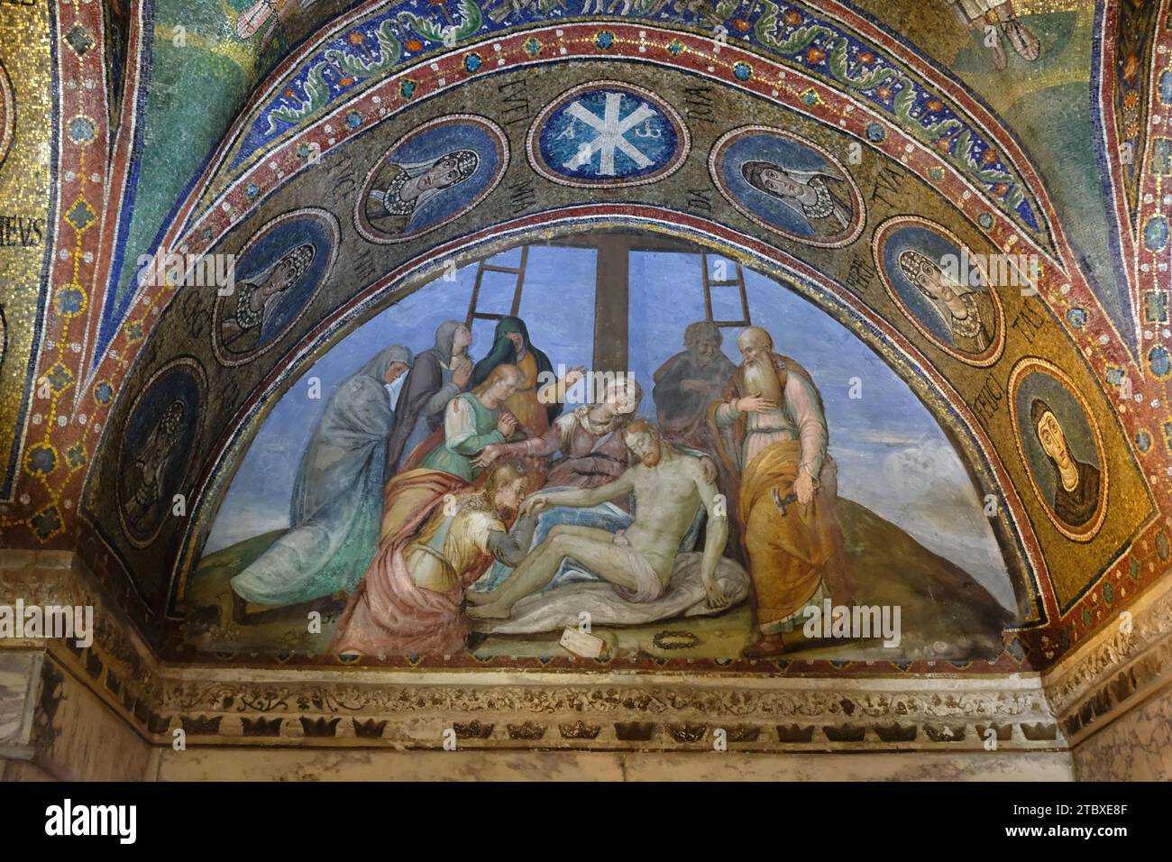 RAVENNA, ITALY - NOVEMBER 2, 2023: A fresco with deposition of the ...