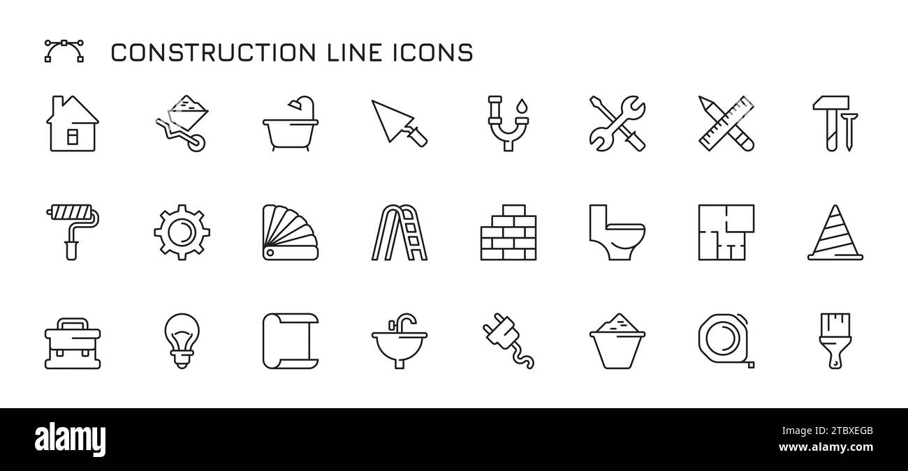 Construction line icons. Building engineer tools, brickwork saw bucket ...