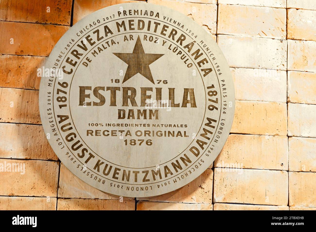Promotional sign of the Estrella Damm beer Stock Photo - Alamy
