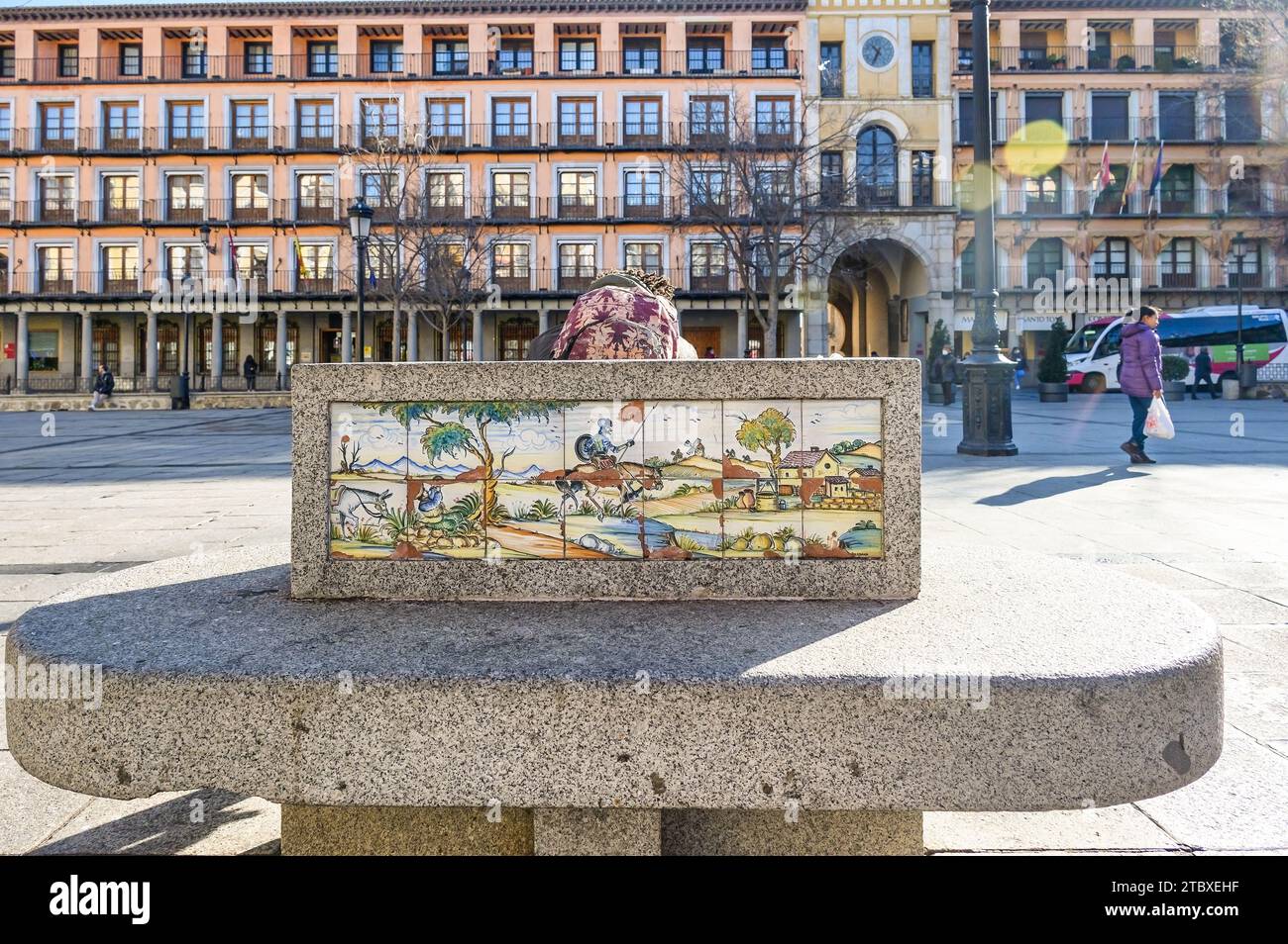 Town square bench decorated with a scene from Quixote in tiles Stock ...