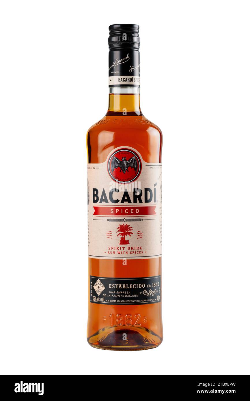 December 4, 2023, Germany, Berlin, glass bottle of Bacardi spiced ...
