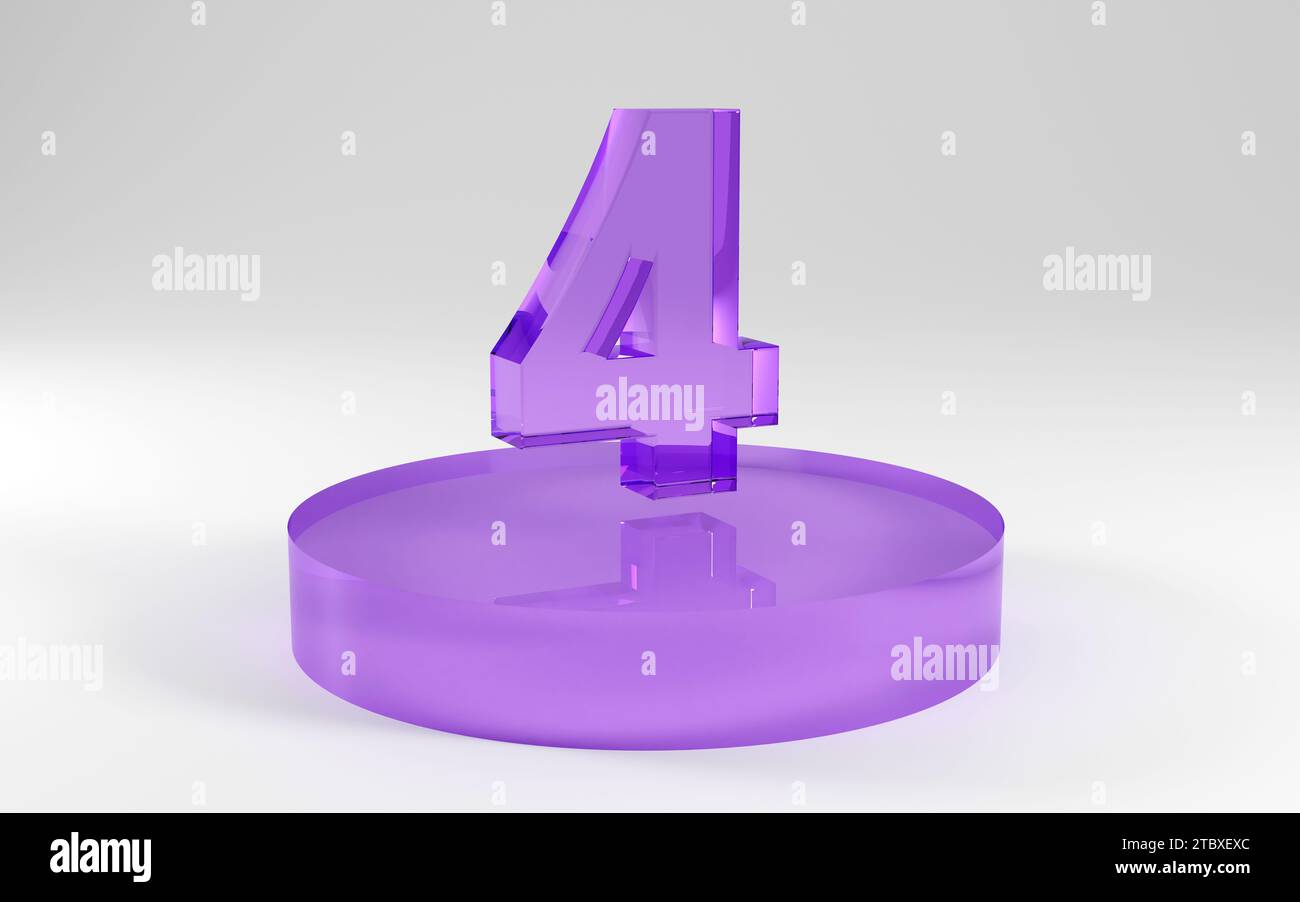 Simple 3D Illustration of a glass Purple Number four on a Podium on a ...