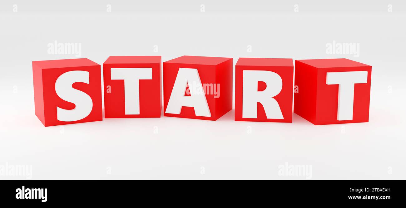 Luxury red inscription start on grey podium, soft light, front view ...