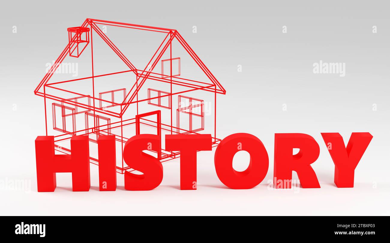 3d rendererd sign saying history with wireframe house on grey ...