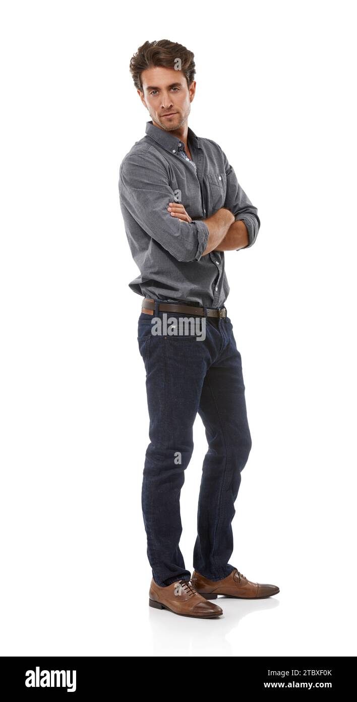 Man, arms crossed and studio portrait with fashion, trendy style and ...