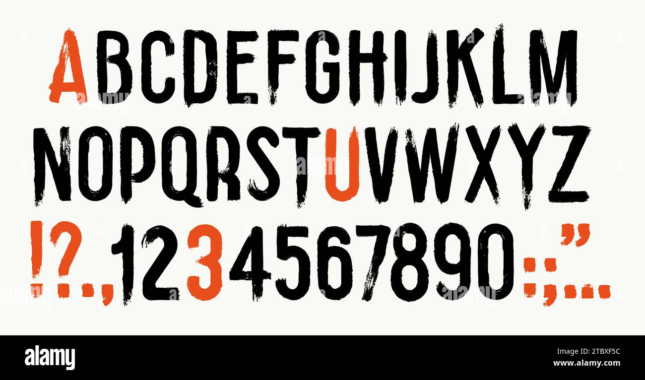 Grunge distressed font. Hand drawn rough handwritten letters and numbers, vintage dirty scratchy ...