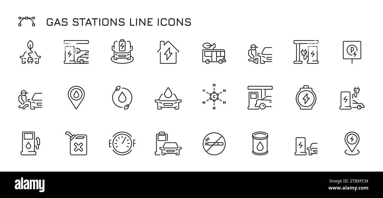 Gas station line icons. Fuel dispenser with price, petrol pump with ...