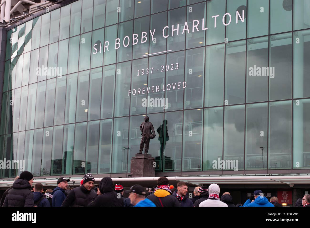Sir Bobby Charlton text on Old Trafford Manchester United football ...