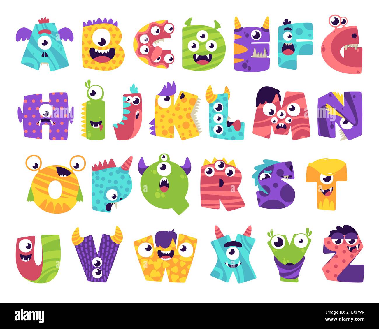 Monster font. Doodle alphabet with cute scary monsters, cartoon colorful alien letters for kids ...