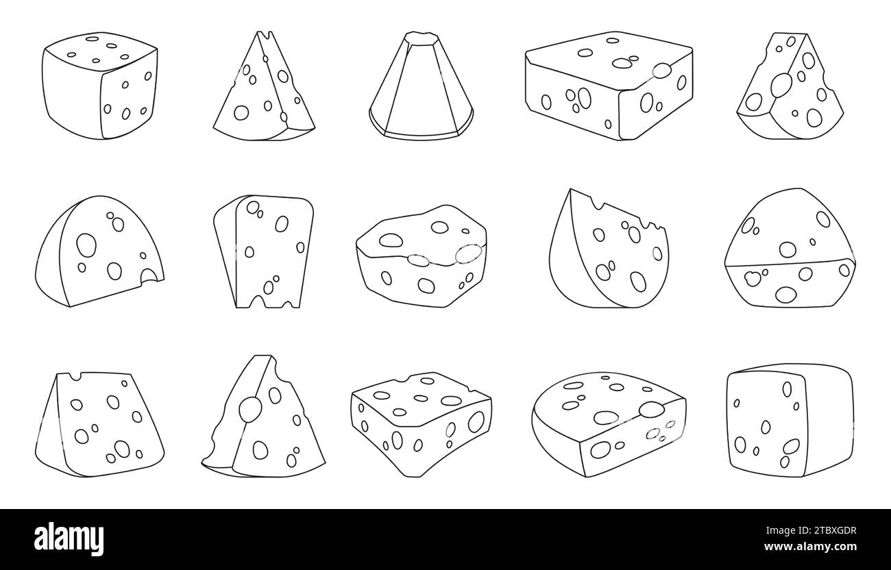 Cheese line icons. Slices, pieces and blocks of old farm cheese ...