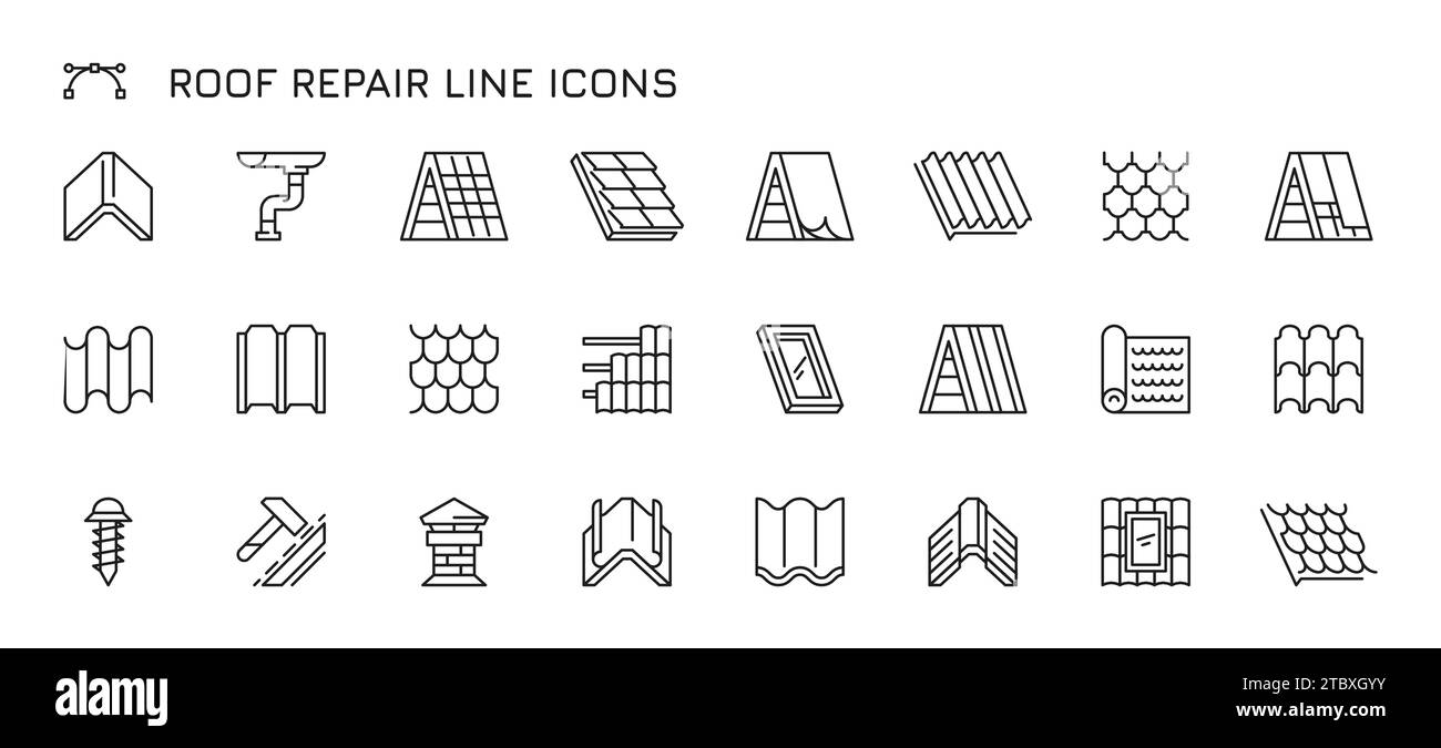 Roof repair icons. Roof building repair and renovation pictograms, house top cover and ...