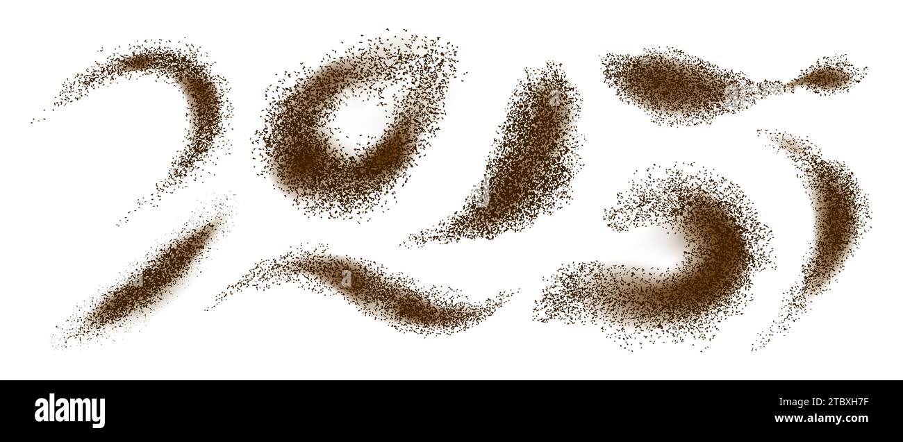 Coffee scatters. Black powder cocoa beans, sugar cacao chocolate grains ...