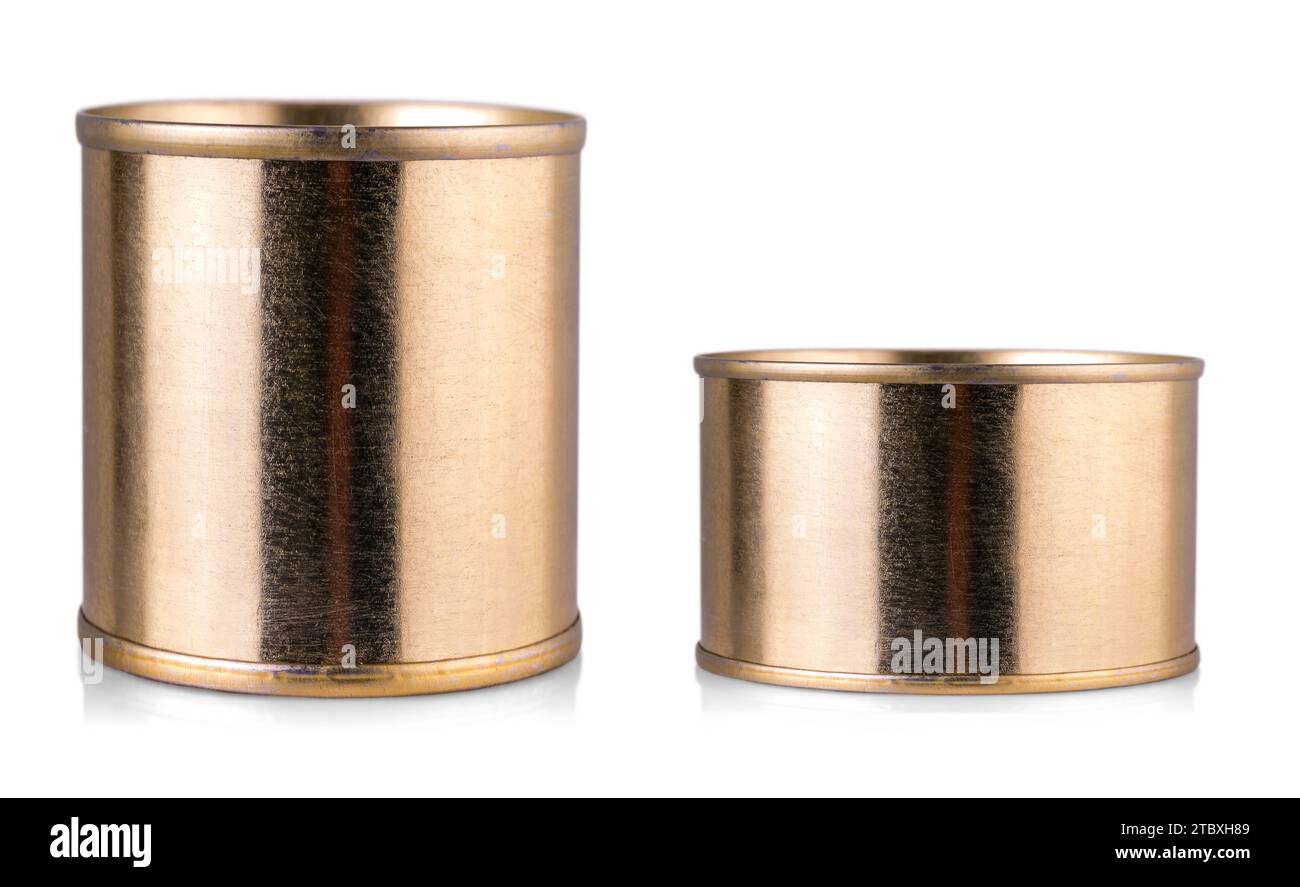 The set of golden tin cans on isolated white background Stock Photo - Alamy