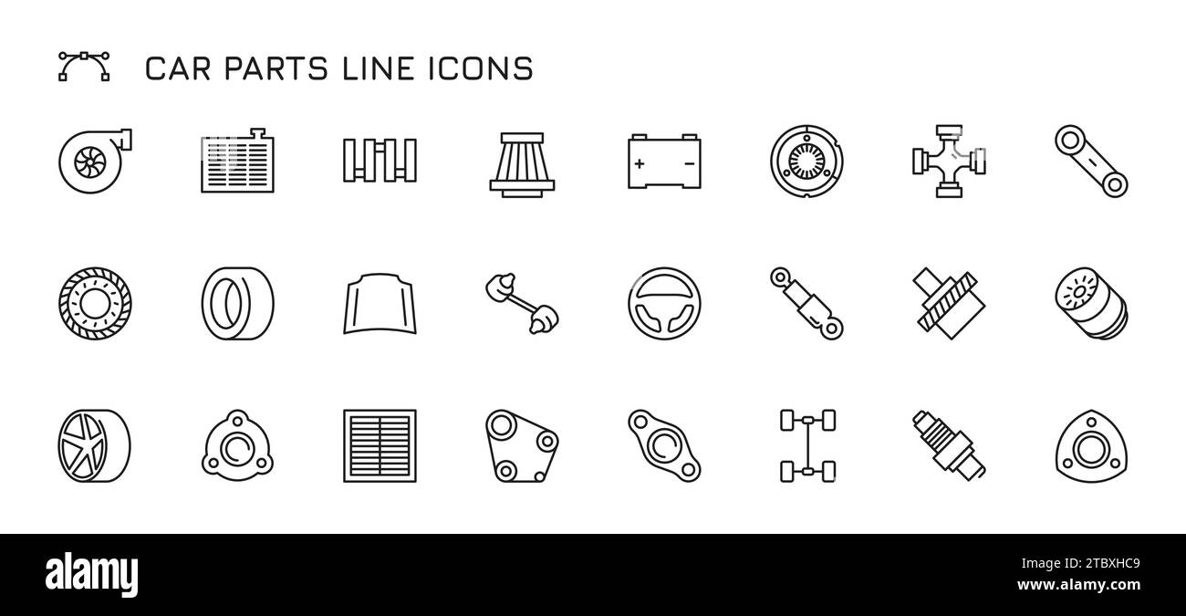 Car parts line icons. Black outline automobile engine parts, automobile ...