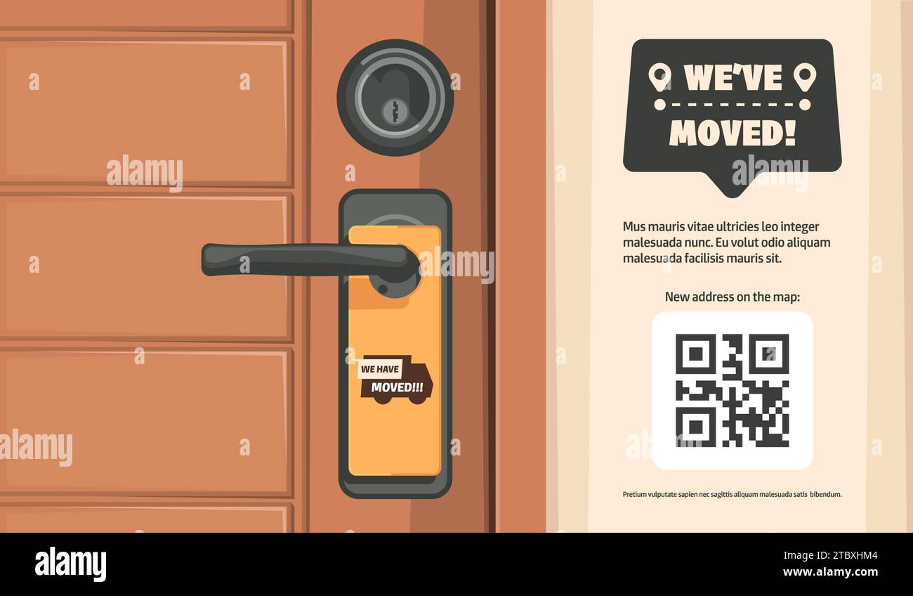We have moved door sign. Relocation announcement label with pointing to ...