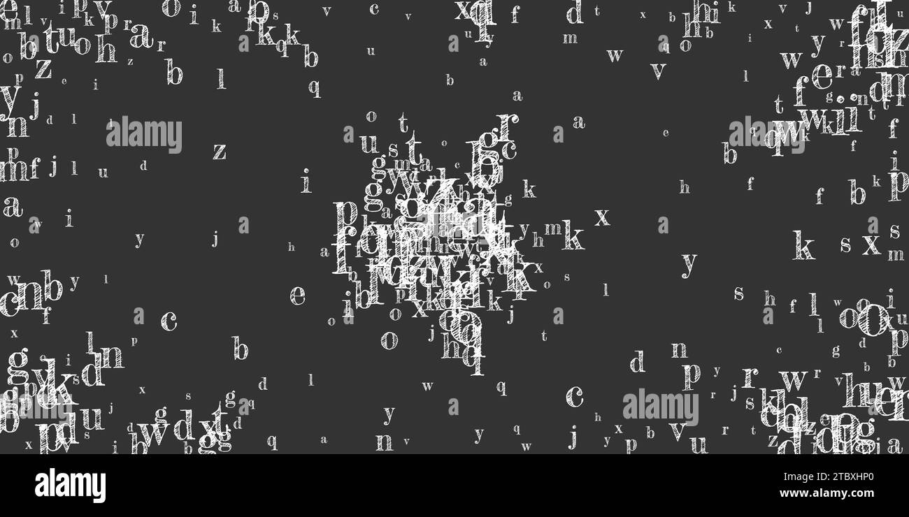 School notebook cover. White chalk floating letters of Latin alphabet ...