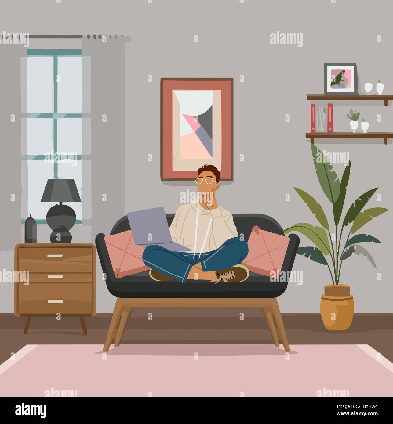 Young man sitting in armchair with laptop vector Stock Vector Image ...