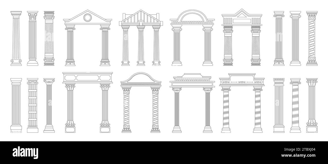 Ancient line columns. Antique doodle style roman architecture pillars with decorative elements ...