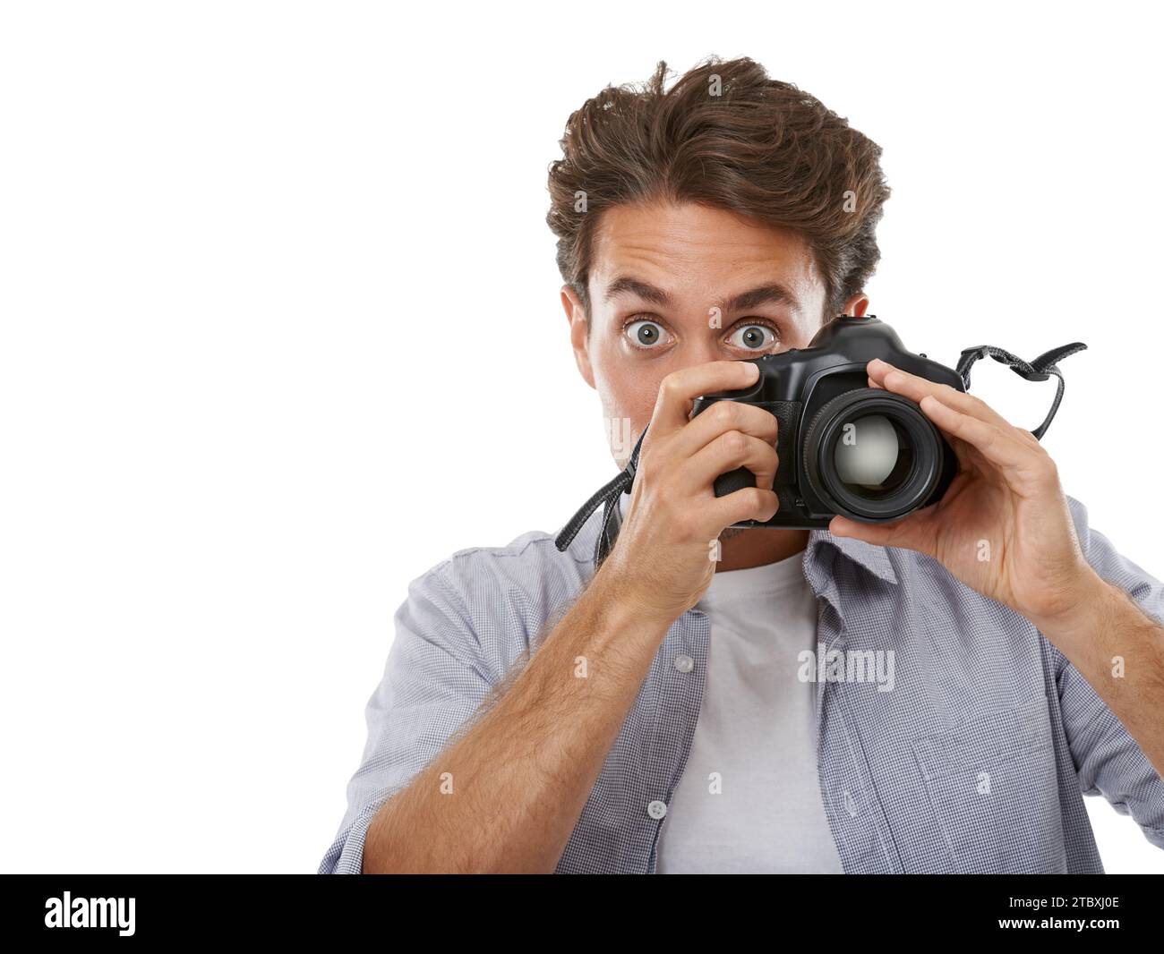 Photographer man, camera and click in studio with portrait, shooting or ...