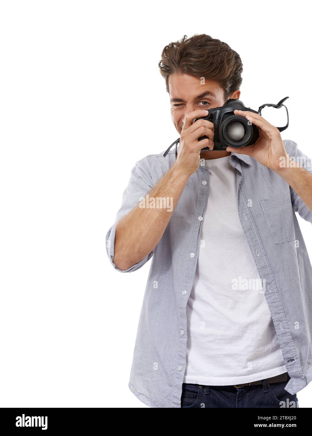 Photographer man, camera and click in studio with vision for shooting ...