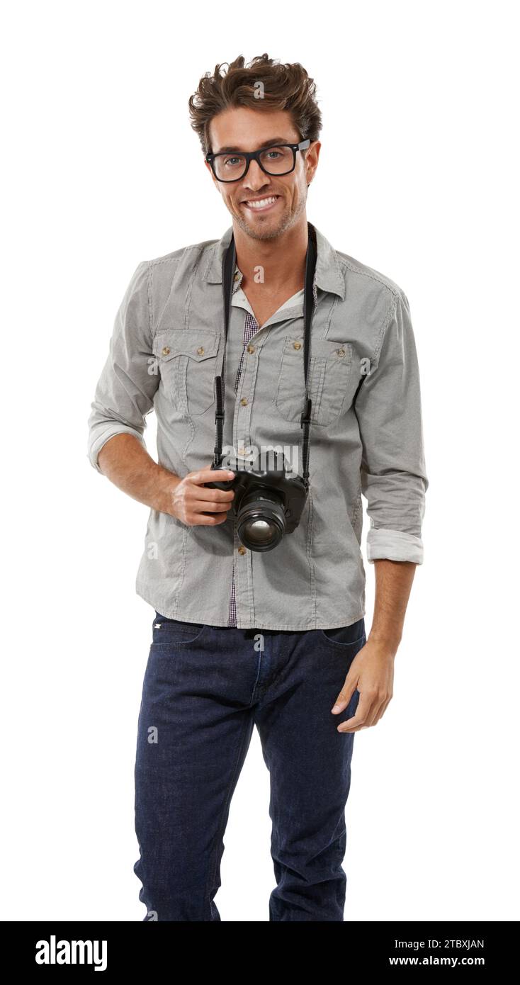 Photographer man, camera and portrait in studio with smile for ...
