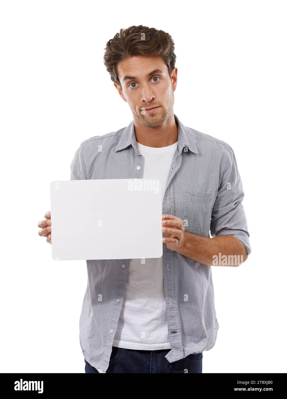 Portrait, sign and man on poster, advertising and mockup space isolated ...