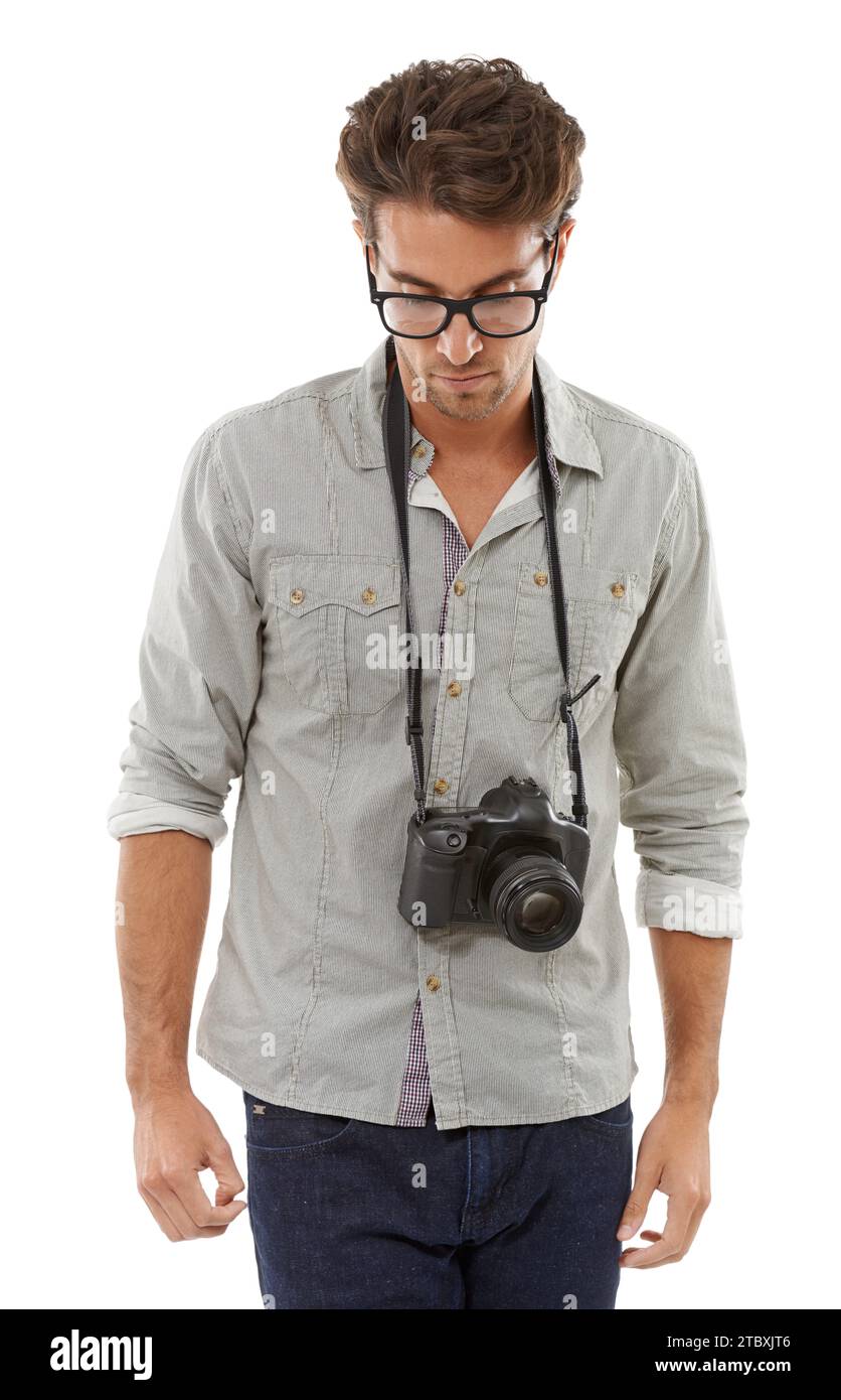 Man, thinking and camera as photographer for idea professional ...