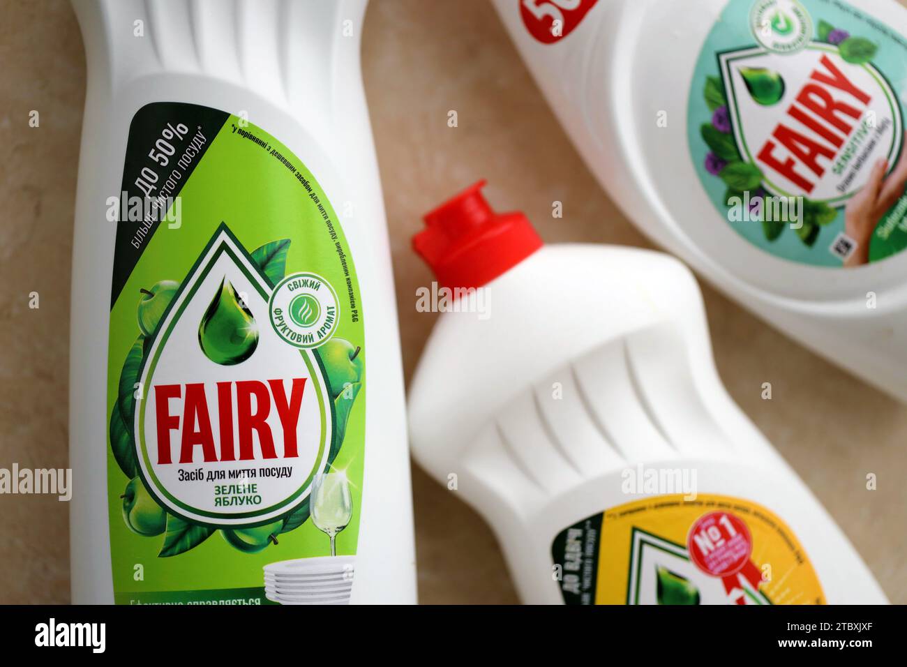KYIV, UKRAINE - OCTOBER 31, 2023 Plastic bottle of Fairy washing up ...