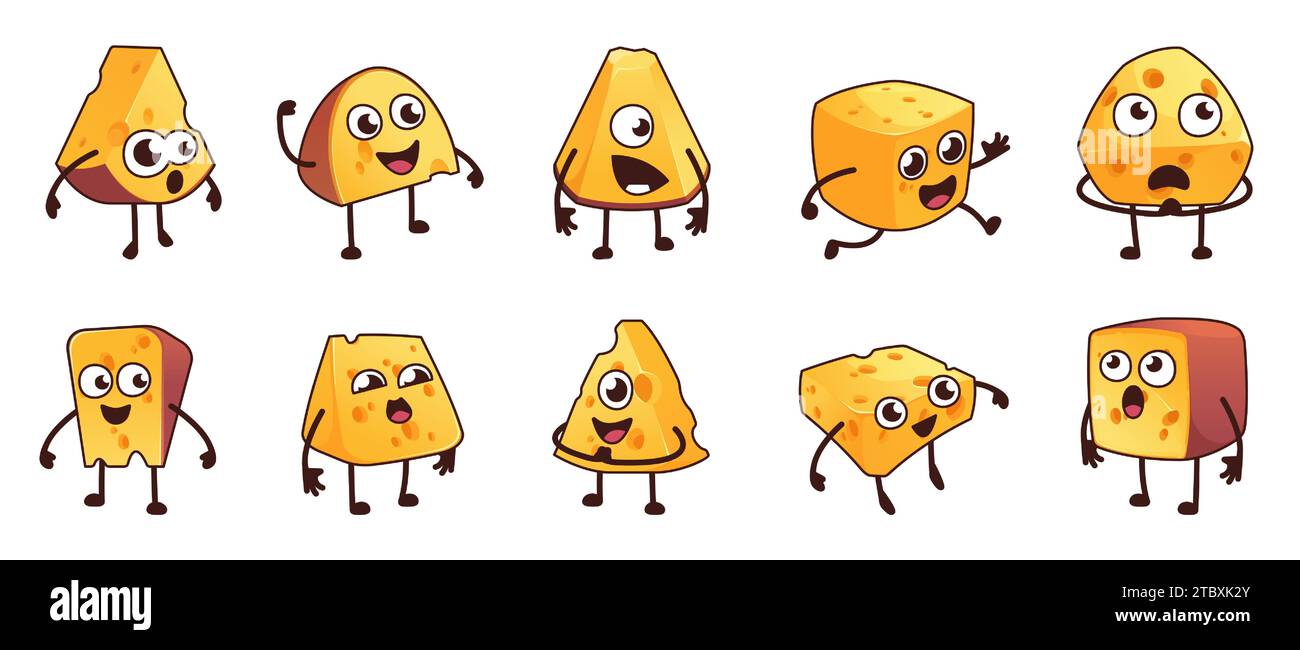 Cartoon cheese mascot. Cute kawaii food characters with different ...