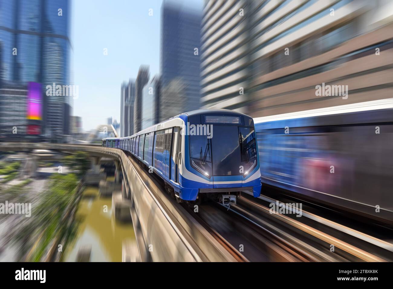 Modern high speed train over ground on a bridge on stilts among ...