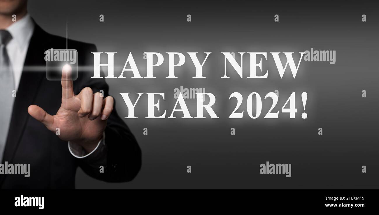 Happy New Year wishes 2024 - finger pressing touchscreen button Stock ...