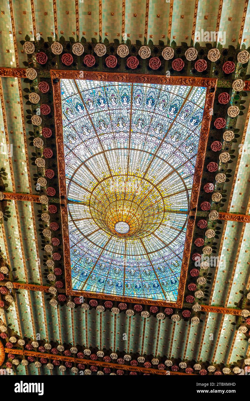 Stained-glass skylight like ceiling of the Palau de la Musica Catalana ...
