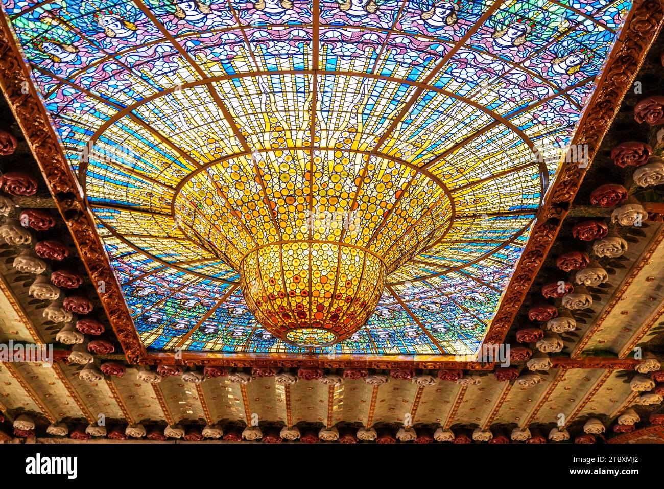 Stained-glass skylight like ceiling of the Palau de la Musica Catalana ...