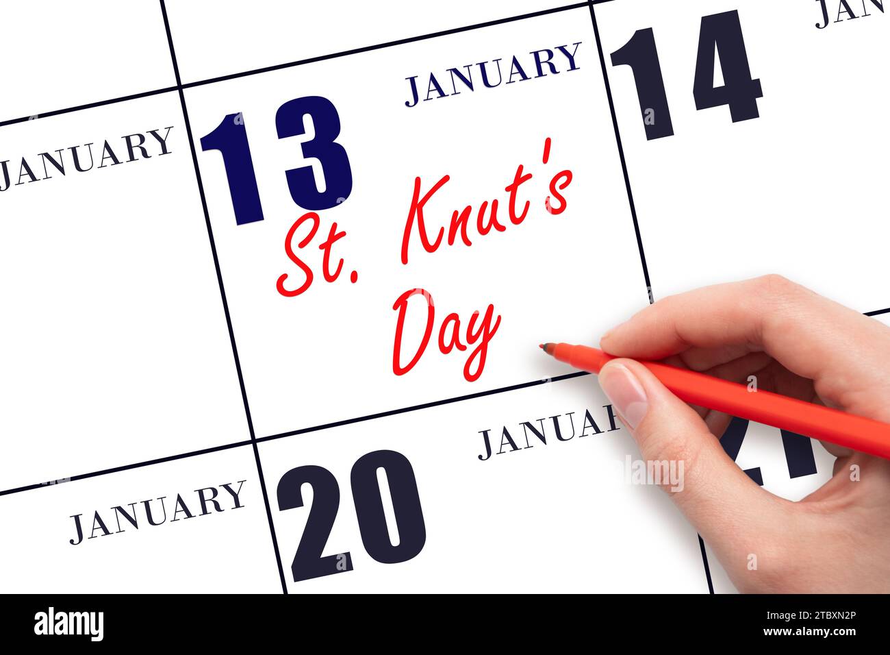 January 13. Hand writing text St. Knut's Day on calendar date. Save the ...