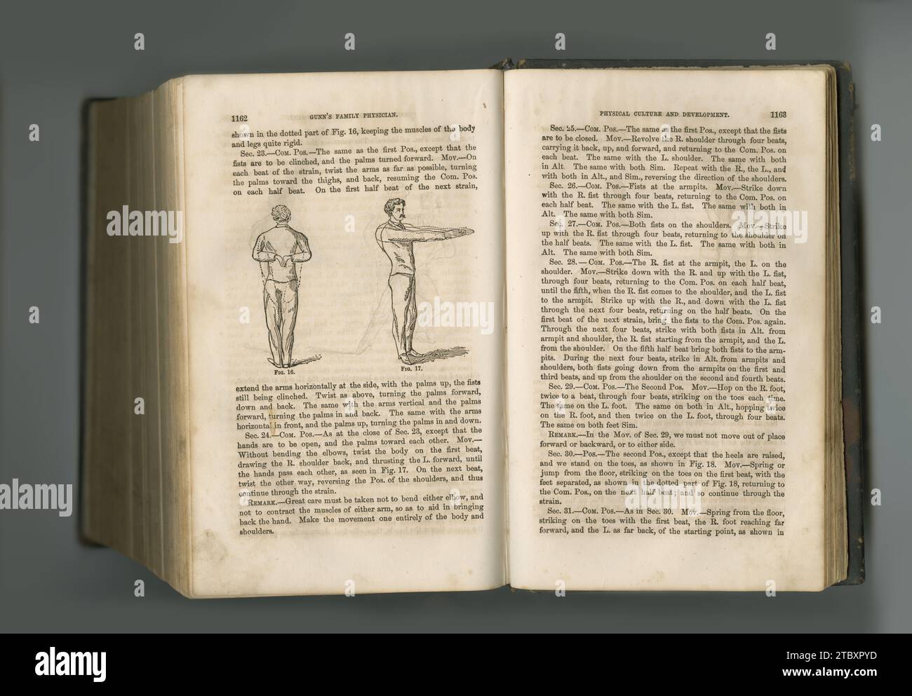 Old book, vintage and pages of physical culture, guide or antique ...